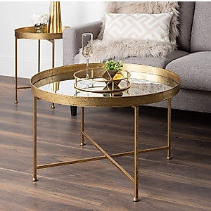 Kate and Laurel Celia Metal Foldable Round Accent Coffee Table, 28.25" x 28.25" x 19", Mirrored Surface and Gold Frame, Modern Minimalist Design and Detachable Magnetic Tabletop