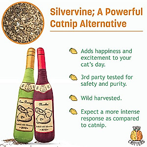 TWINCRITTERS KittiLush 2-Pack Organic Silvervine Catnip Substitute Toys for Cats & Kittens | 100% All-Natural Wild Harvested Silvervine | 2 TWINCRITTERS Refillable Wine Bottle Plush Cat Toys