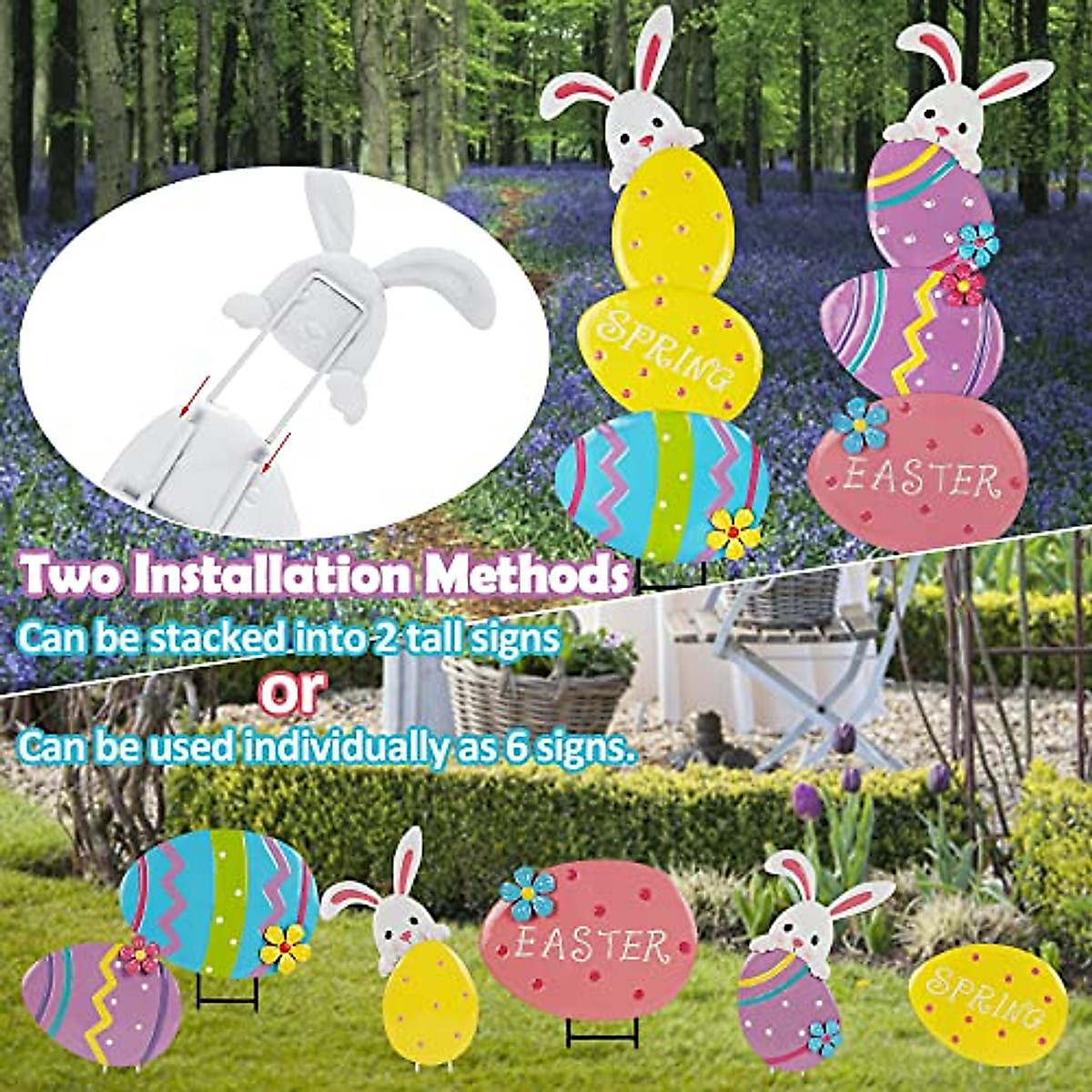 Brwoynn Easter Decorations, Set of 2 Easter Yard Signs, Metal Stakes Easter Day Outdoor Decorations, Easter Bunny Egg Decor for Easter Outside Lawn Decorations