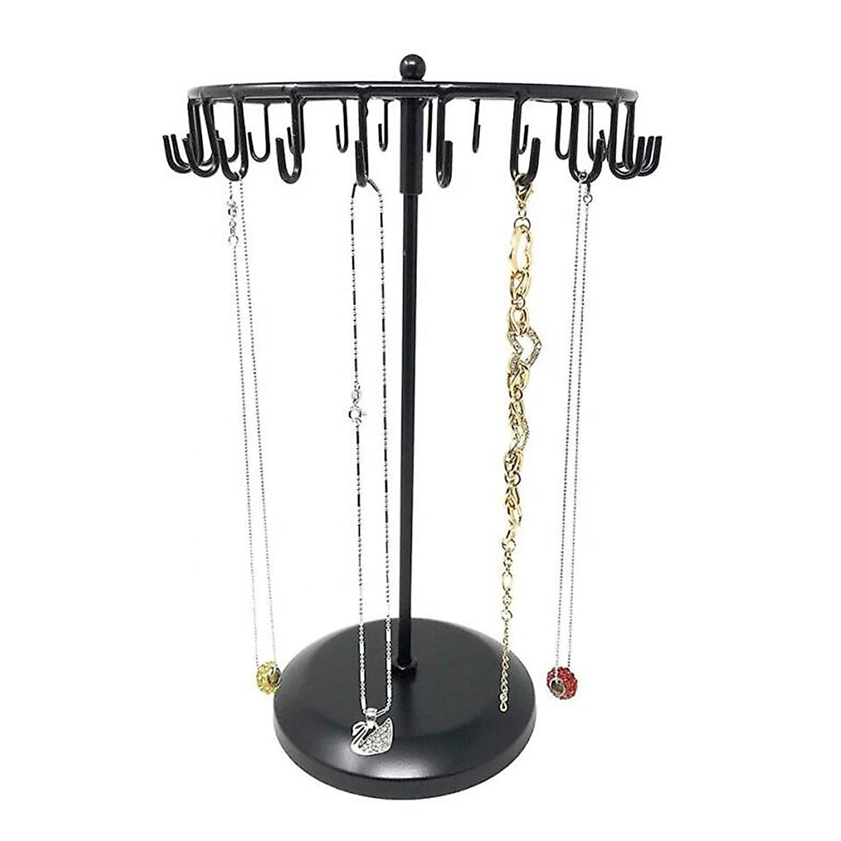 Qaeoity Rotating Necklace Holder Jewelry Organizer Display Stand 14-Inch with 23 Hooks Black, short-black, 8.27*5.9*13.8inch (HS01)