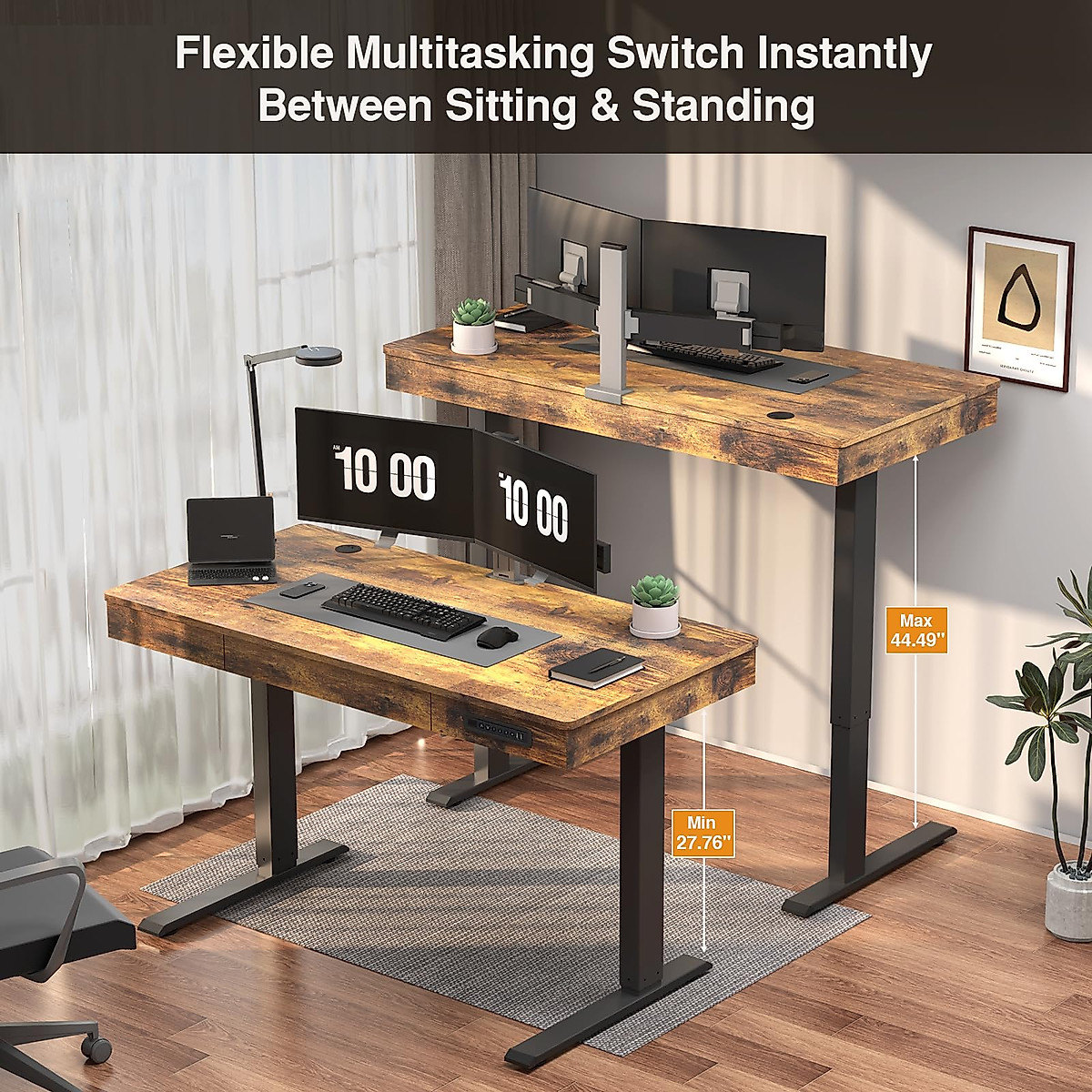 AIMEZO 55'' Standing Desk with Drawers Stand Up Electric Standing Desk Adjustable Height, Sit Stand Desk Computer Workstation with Storage, USB Charging, Computer Desk for Home Office,Rustic Brown