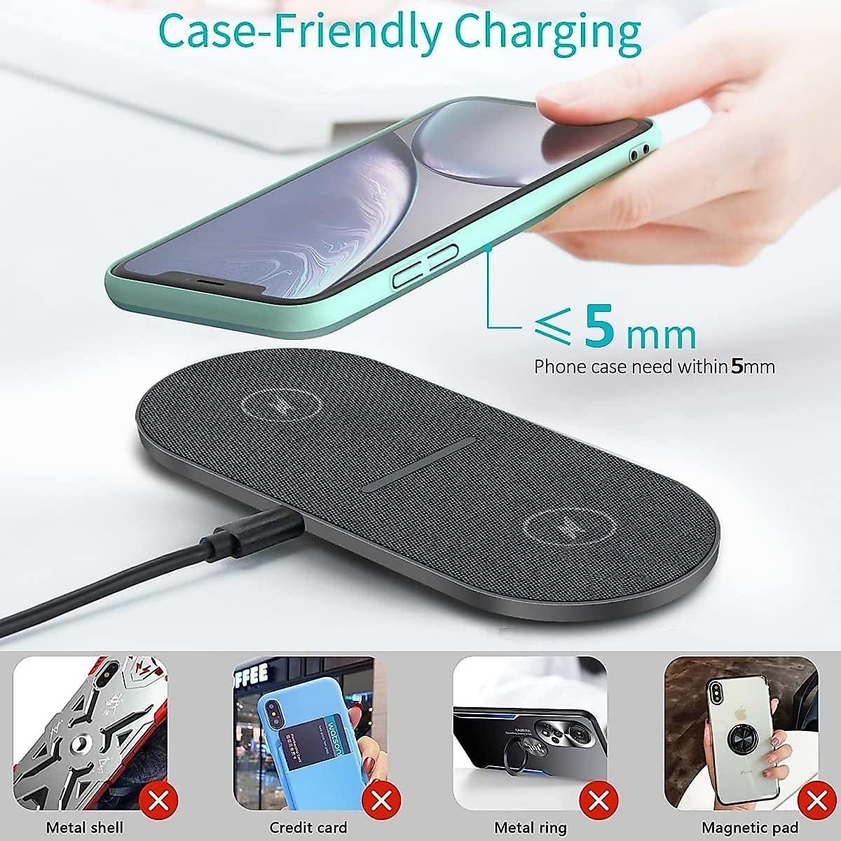 Dual 20W Wireless Charging Pad, 2 in 1 Fast Wireless Charge Mat with Adapter Compatible with iPhone 15 14 13 12 11 Pro max XS XR 8plus, Samsung Galaxy S23 S22 Note20, Air pods Pro/Galaxy Bus (Gary)