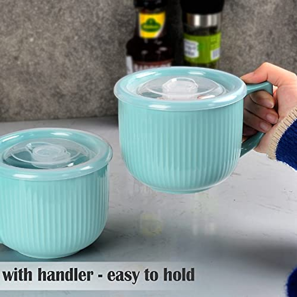 ZEBERBO Soup Bowls, 32 Ounce Soup Bowl with Handles, 2packs 5 inch Jumbo Soup Mug with Handle/Lid, Cereal Bowl for Oatmeal, Gumbo, Salad, Ceramic Soup Cup, Microwave & Oven Safe