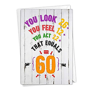 NobleWorks - 60th Milestone Birthday Card with Envelope - Fun Notecard for 60 Year Old, Stationery Congrats - Age Equation 60 C7194MBG