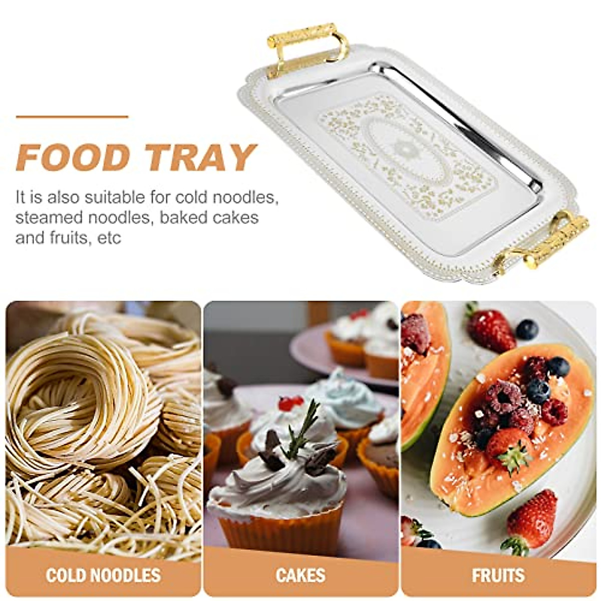 Cabilock Rectangular Serving Tray Stainless Steel Tea Drink Platter Snack Tray Breakfast Serving Platter with Handle for Food Dessert Fruit Coffee Tea 35x24. 5CM