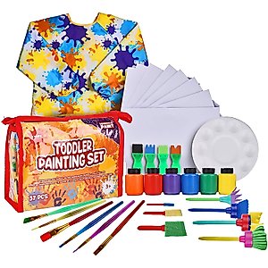 J MARK 38-Piece Toddler Paint Set, Includes Washable Tempera Paint, Art Smock, Painting Paper, Brushes, Tools