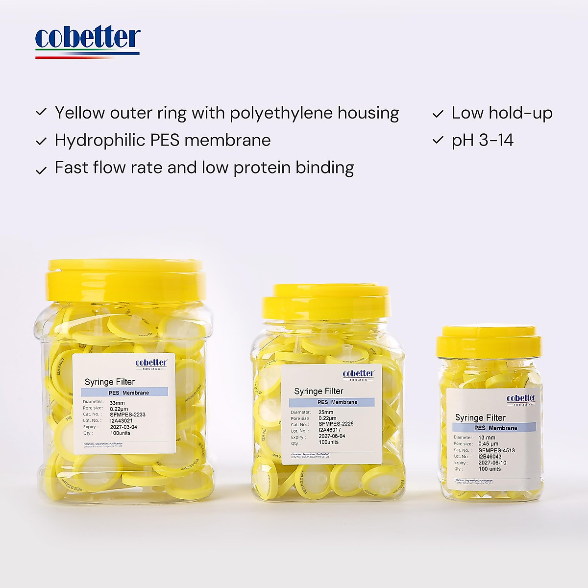 COBETTER 100 Pack PES Syringe Filter Lab Filters 0.22μm Pore Size 13mm Diameter Hydrophilic Filtration Non-sterile Yellow