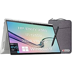 HP Envy X360 15 15t 2-in-1 Touchscreen (Intel 12th Gen i7-1255U, 32GB RAM, 1TB SSD, Active Stylus) 15.6" FHD IPS Laptop, Long Battery Life, Backlit KB, Thunderbolt 4, IST Computers Bag, Win 11 Home
