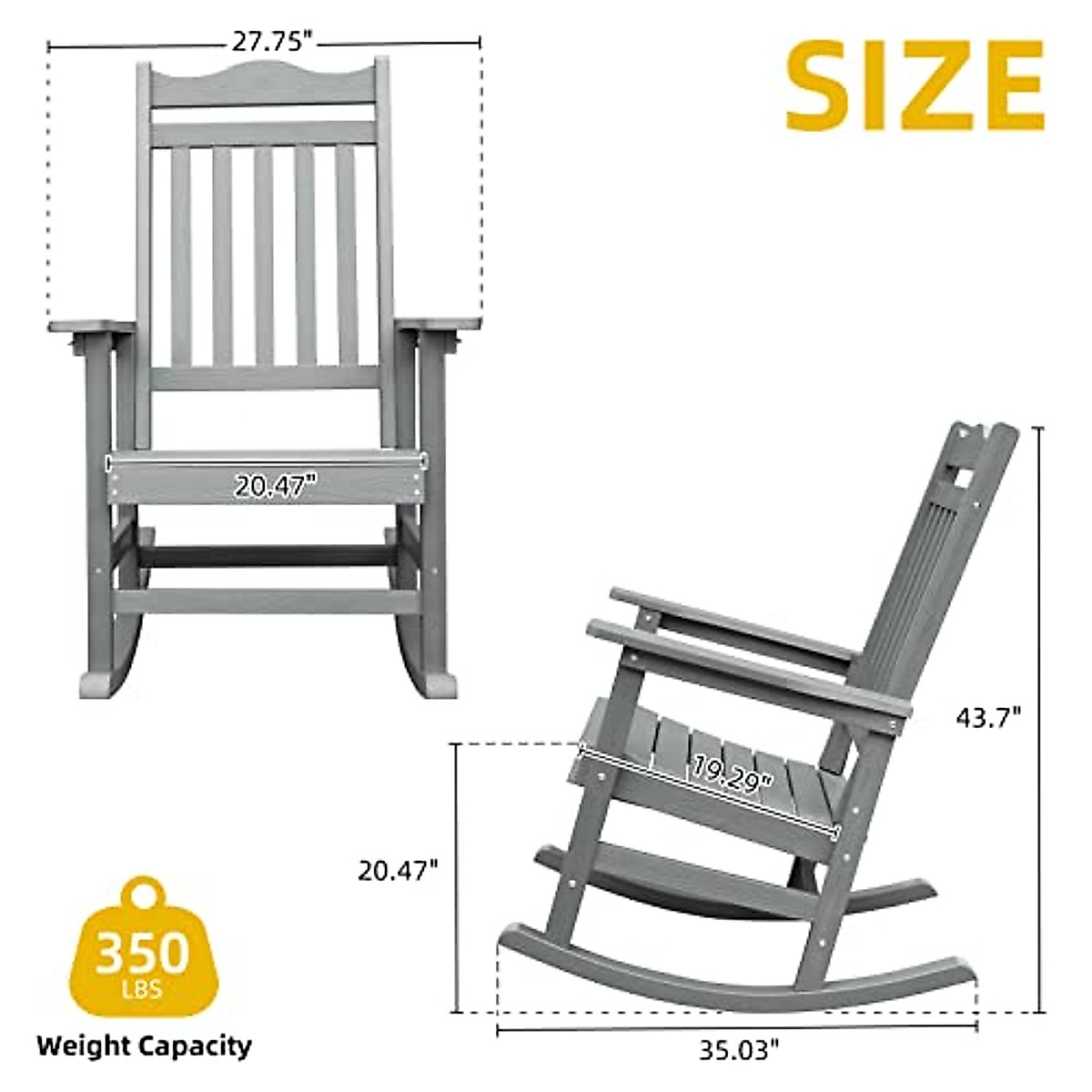 DWVO Patio Rocking Chair, All-Weather Resistant Outdoor Indoor Polyethylene Patio Rocker Chair with Cushion, Comfortable and Easy to Maintain Rocker for Balcony, Backyard and Living Room(Gray)
