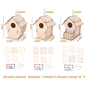 OTWVBU 3 Pack DIY Wooden Birdhouse Kits, Arts and Crafts Painting Kits for Kids, Includes Unfinished Wooden Bird House, Paints, Brushes, Creative Gifts for Age 4-8 Years Old Children Boys & Girls