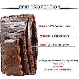 HOPSOOKEN Money Clip RFID Front Pocket Wallet Men Leather Slim Minimalist Wallet (Brown with ID Window (Crazy Hourse Leather))