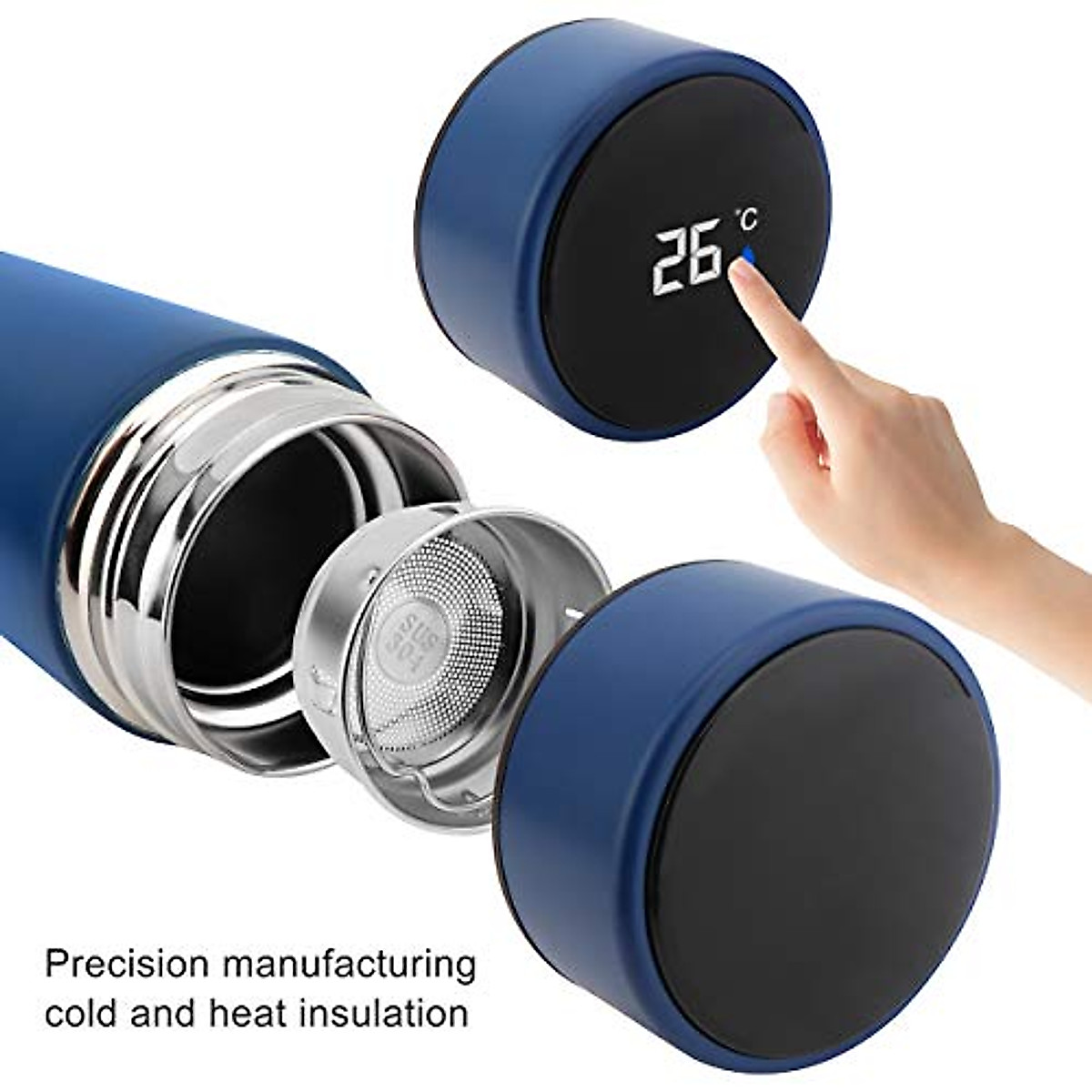 QiCheng&LYS Coffee Thermos,Tea Infuser Bottle,Smart Sports Water Bottle with LED Temperature Display,17 OZ Vacuum-Insulated Stainless-Steel Water Bottle (Blue)