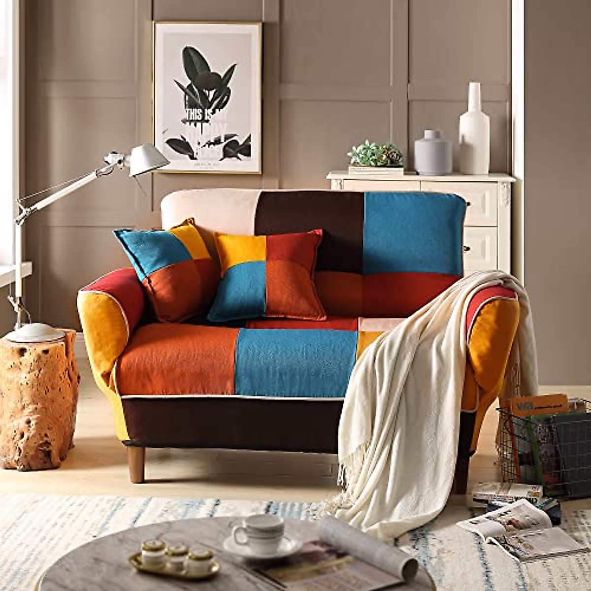 P PURLOVE Colorful Sleeper Sofa, Sofa with Adjustable Backrest and Adjustable Armrests, Small Couch with Solid Wood Legs and 2 Colored Pillows for Small Space, Apartment, Dorm