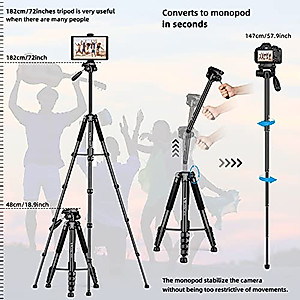 Tripod for Camera, 72 inch Tall Camera Tripod & Monopod with Remote, Professional Heavy Duty Tripod Stand for DSRL Cameras, Cell Phones, ipad, Compatiable with Canon, Nikon, Sony