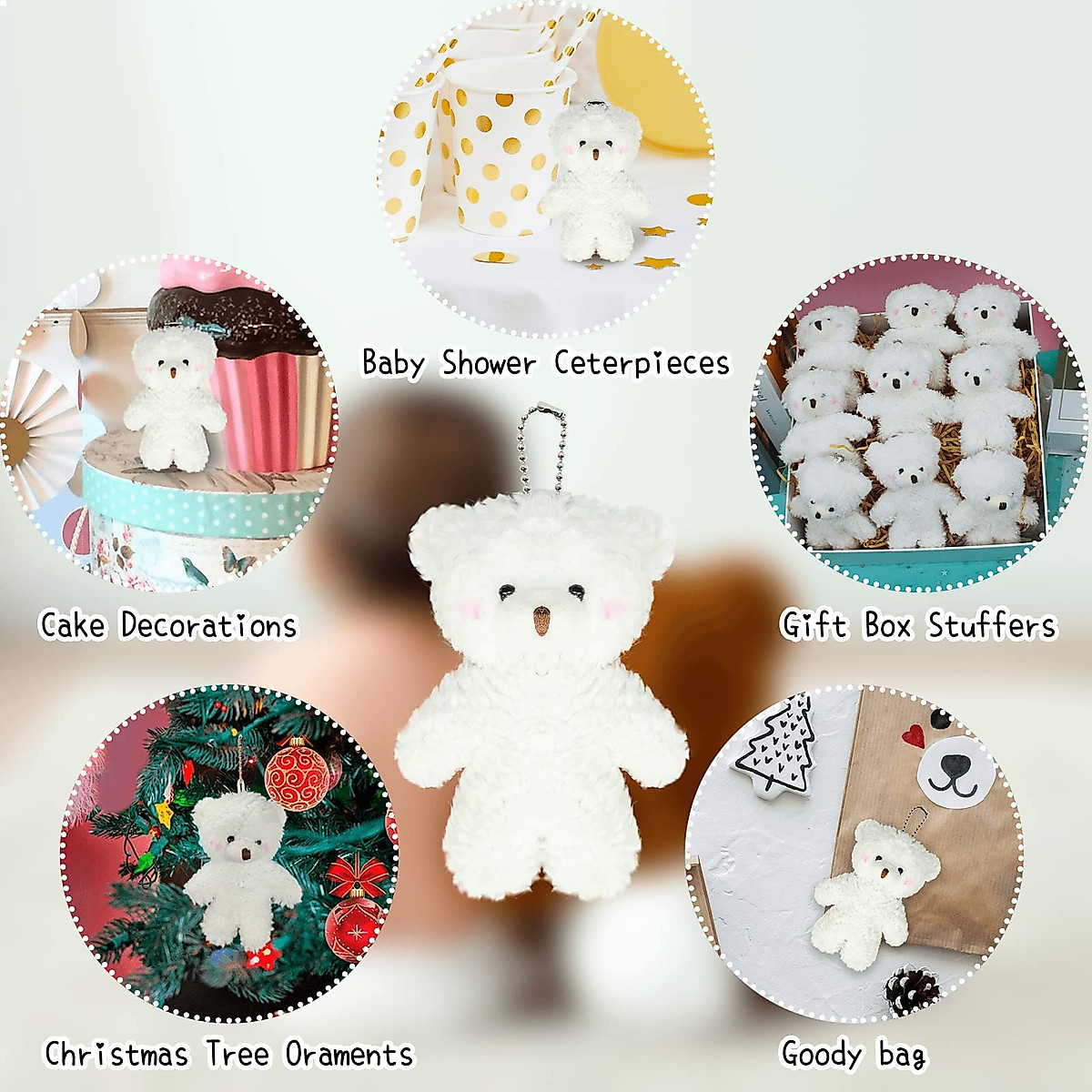 WEGUTATS 12 Pack Mini White Teddy Bears , 4.7 inch Tiny Soft Stuffed Teddy Bear, Mini Plush Bears Bulk for Birthday Table Decor Centerpiece Bag Fillers Party Favors DIY Keychain Crafts, WE