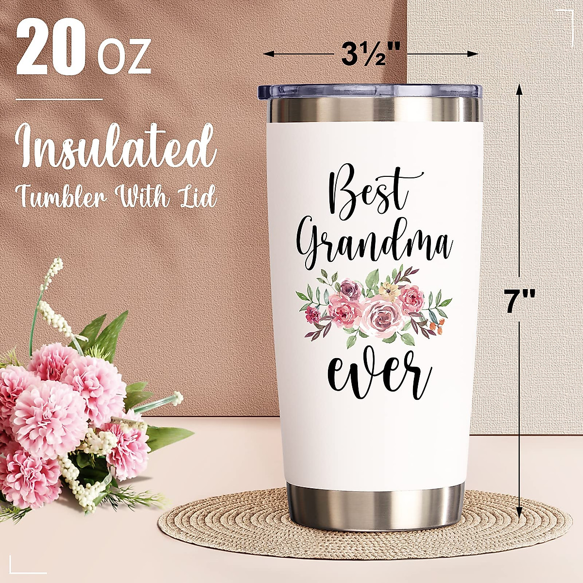 Fimibuke Best Grandma Gifts - 20 OZ Tumbler Mothers Day Gift for Grandma from Granddaughter, Grandson, Grandkid, Insulated Cup Funny Birthday Present Gift for Grandmother/Nana/New Grandma/Grandparents