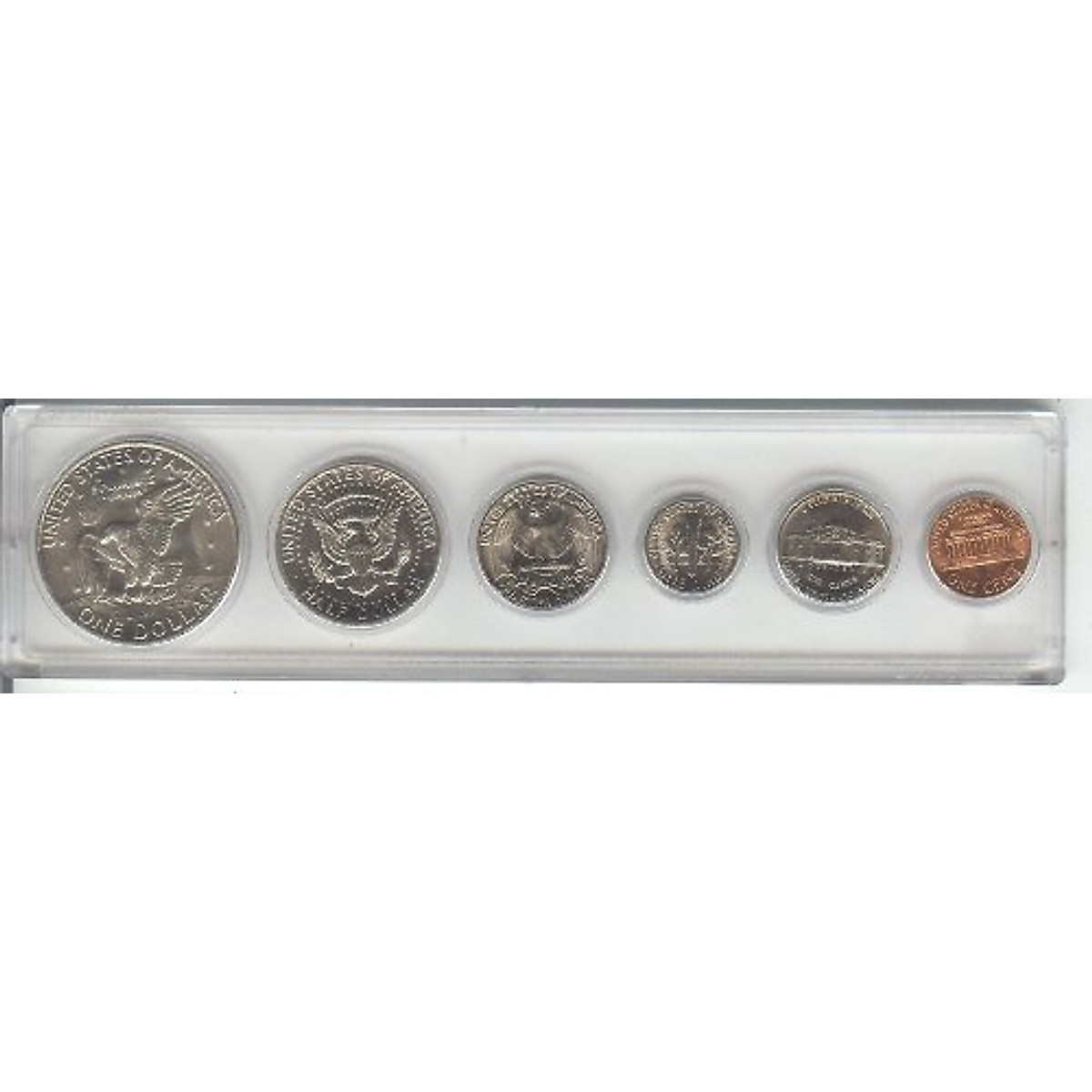 1973 BIRTH YEAR COIN SET- 6 COINS- EISENHOWER DOLLAR, KENNEDY HALF DOLLAR, QUARTER, DIME, NICKEL, AND CENT- ALL DATED 1973 AND DISPLAYED IN A HARD PLASTIC CASE- COINS ARE UNCIRCULATED