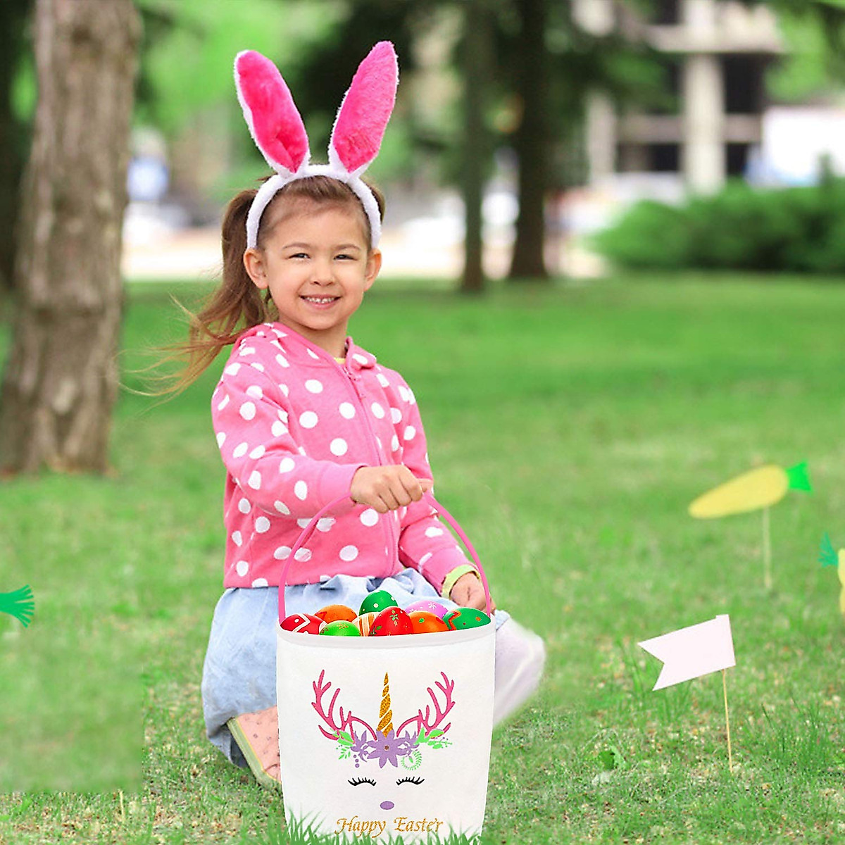 PARTYWIND Easter Baskets for Kids Egg Hunt, Easter Baskets Bag with Handles, Cute Easter Birthday Party Supplies Favors for Boys and Girls (Pink)