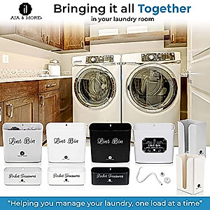 Lint Holder Bin with Magnetic Strip and Pocket Treasures Bin Magnetic Coin Holder (2 Piece Set) for Laundry Room Organization or Laundry Room Décor by A.J.A. & MORE (Off-White)