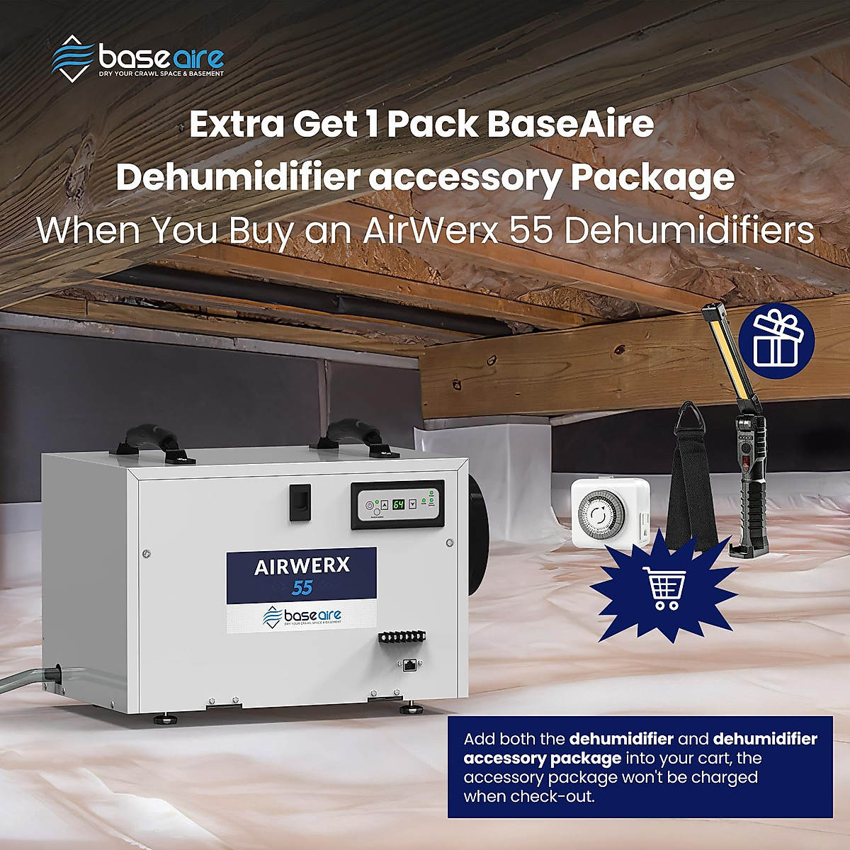 BaseAire Basement Crawl Space Dehumidifier 113 Pint with Continuous Drain Hose, Compact Commercial Industrial Home Dehumidifiers for Crawlspace Garage Attic Whole House