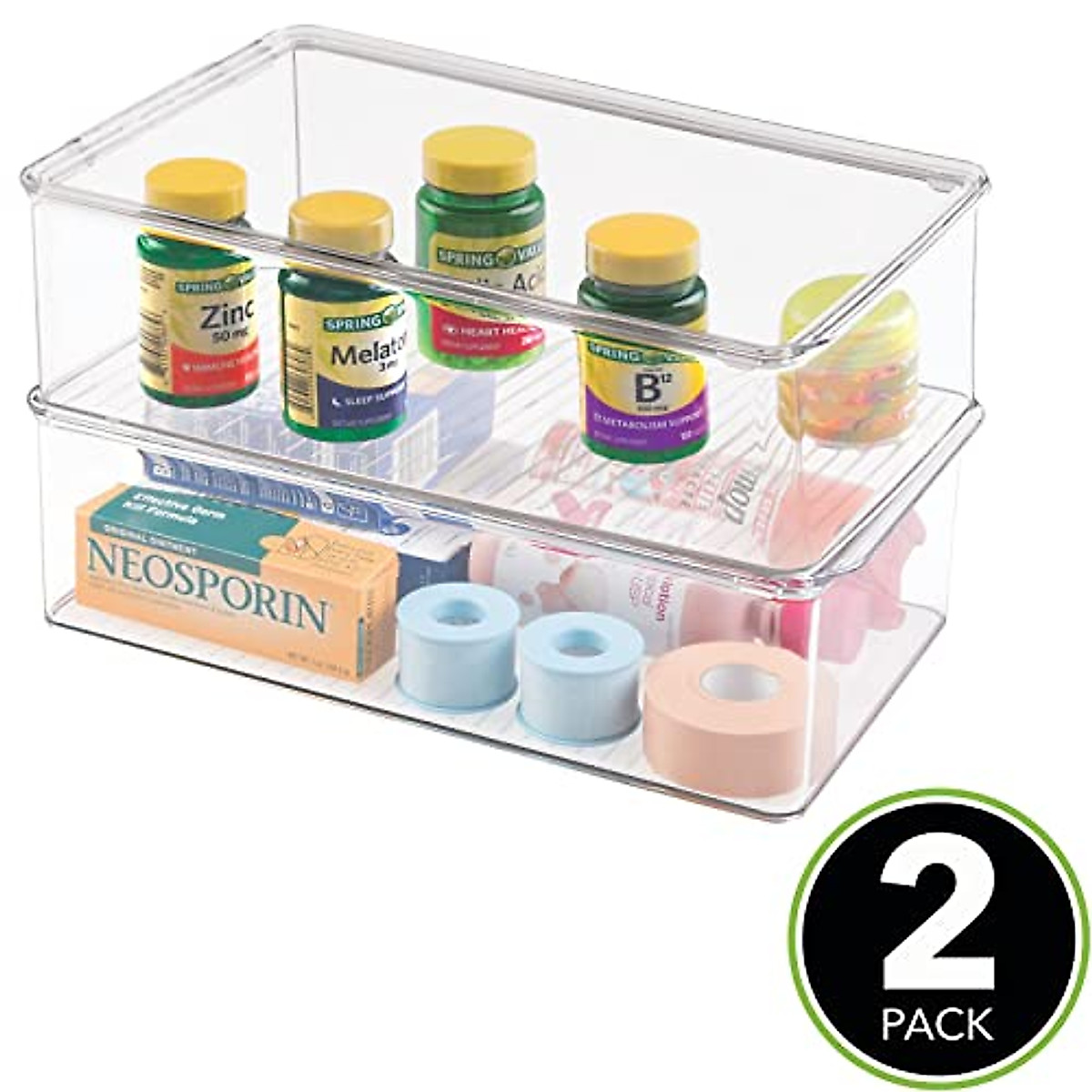 mDesign Plastic Bathroom Storage Organizer Box w/Hinge Lid for Closet Shelves, Cupboards, Holds Medicine, First Aid, Lotion, Cotton Swabs, Masks, and Styling Tools, Ligne Collection, 2 Pack, Clear