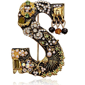 Pearl Initial Letter Brooch Pin, Crystal Rhinestone Gold Plated Alphabet Brooches for Women Girls, Pearl Lapel Pin for Bag Clothes Costume Jewelry - S