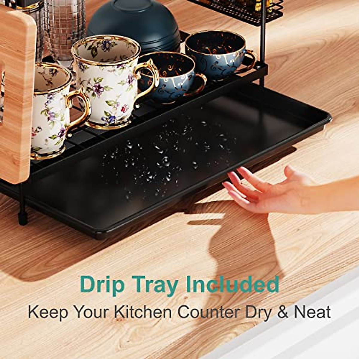 GSlife Dish Drying Rack for Kitchen 2 Tier Small Dish Rack with Drainboard Rust-Resistant Compact Dish Drainer with Utensil Holder Cutting Board Holder for Kitchen Counter, Black