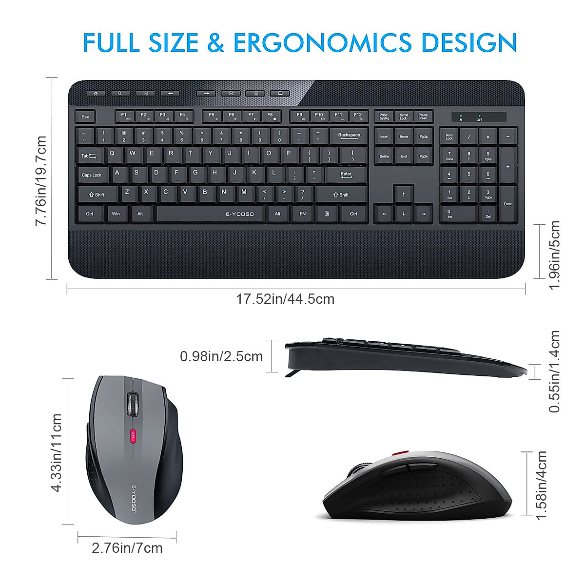 Wireless Keyboard and Mouse Combo, E-YOOSO 2.4G Full-Sized Ergonomic Keyboard Mouse Combo with Wrist Rest, 3 DPI Adjustable Wireless Optical Mice with USB Nano Receiver for Laptop/Windows/Mac OS/PC