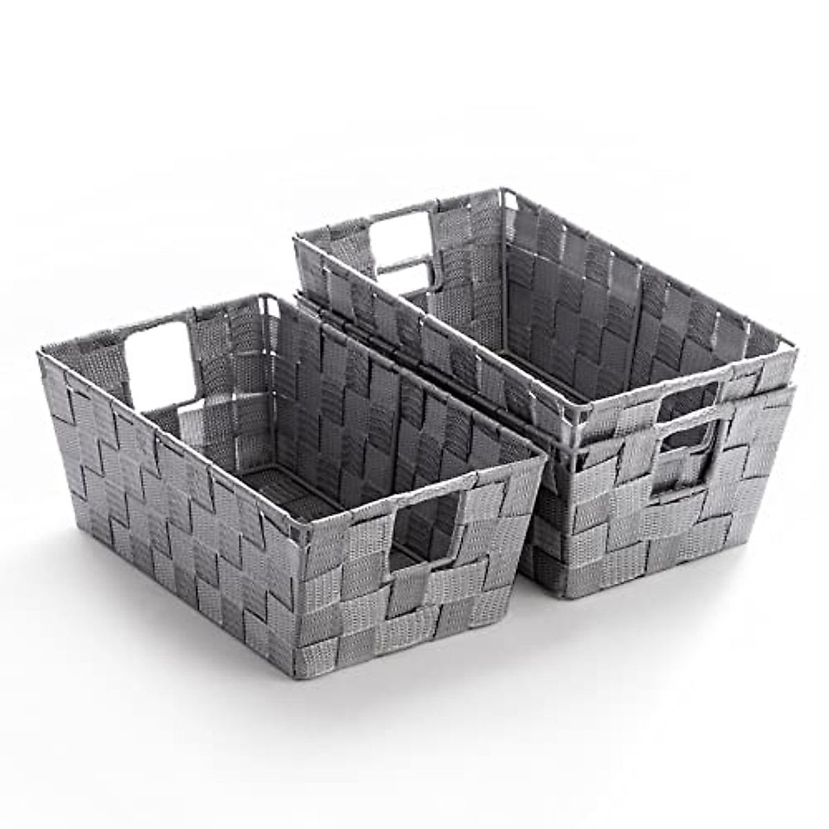 BINO 3 Pack Woven Strap Storage Basket Organizer - Shelf/Under Bed Organizers with Built-in Carry Handles, Light Grey (Small)