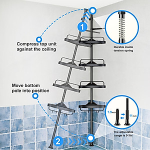 Corner Shower Caddy Tension Pole: Adjustable Stainless Steel Shower Organizer with 4 Tier Shelf for Bathroom Bathtub Tub Shampoo -Floor Standing Rack Bath Storage Holder with Rust Proof Rods - Black