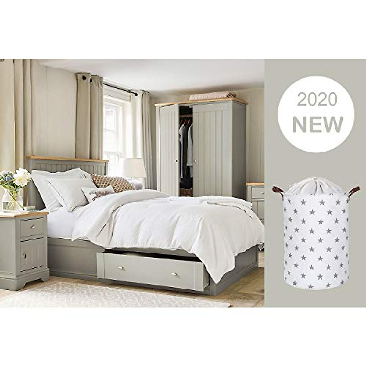 FRIENDIY Large Laundry Hampers (9 Colors), Removable Laundry Basket, foldable fabric laundry basket, drawstring waterproof round cotton linen storage basket. (Grey Star, Thickened 19"/Large)