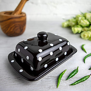 Handmade Ceramic European Covered Butter Dish With Lid | Unique Black and White Polka Dot Pottery Butter Keeper | Housewarming Gift by City to Cottage
