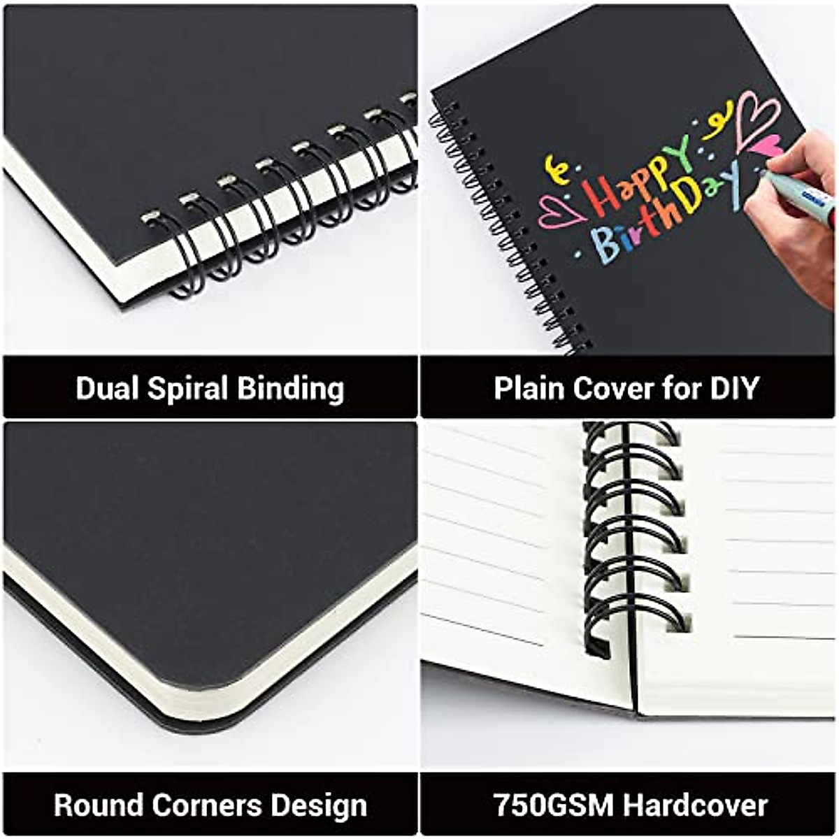 EUSOAR Spiral Lined Notebook, A5 3packs 5.5"X8.3" 120 Pages Hardcover Lined Travel Writing Journal, Notepad Sketchbook, Students College Office Business Subject Diary Ruled Spiral Book Journal-Black