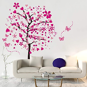 RW-1306 Creative Pink Flowers Tree Wall Decals Peach Blossom Love Heart Wall Stickers DIY Removable Cherry Floral Butterfly Dot Wall Decor for Girls Women Bedroom Living Room Nursery Office Decoration