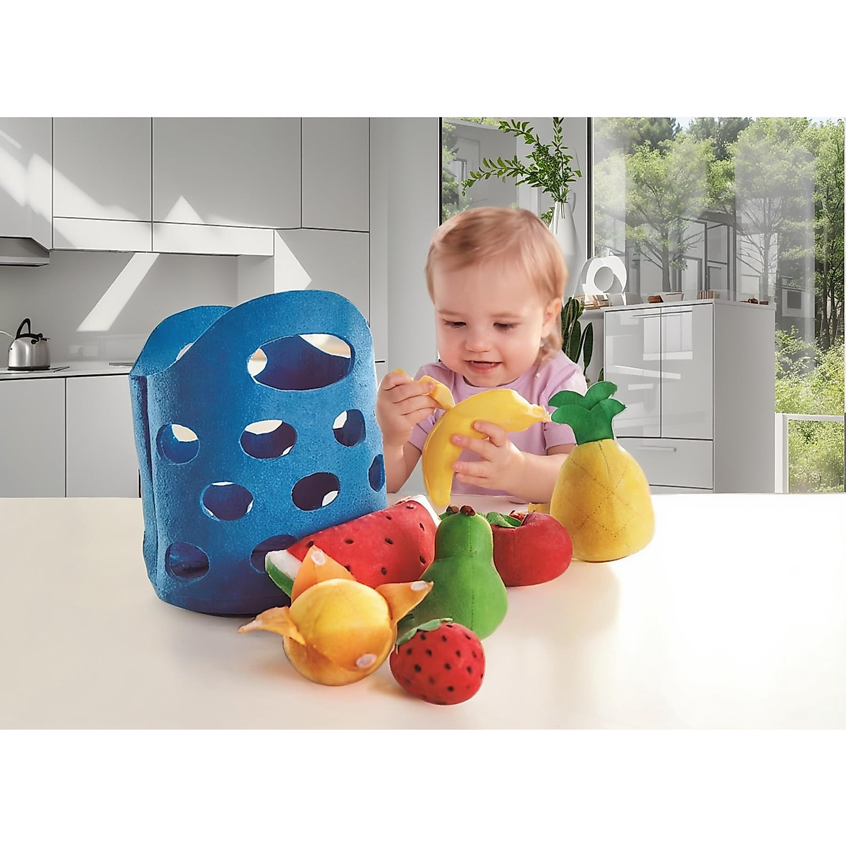 Hape Toddler Fruit Basket |Soft Pretend Food Playset for Kids, Fruit Toy Basket Includes Banana, Apple, Pineapple, Orange and More