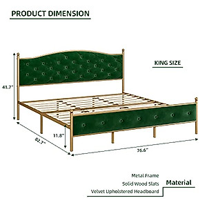 Senfot King Size Bed Frame Upholstered Platform Bed with Velvet and Button Tufted Headboard, Heavy Duty Metal Mattress Foundation and Wooden Slats, No Box Spring Needed in Gold and Green