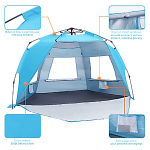 SweetBin Pop Up Beach Tent, Portable Beach Folding Sun Shade Shelter, UPF 50+ Protection, Easy Setup and Carry, Double Silver Coating with 3 Ventilation window, Large Size Perfect for Family 4 People