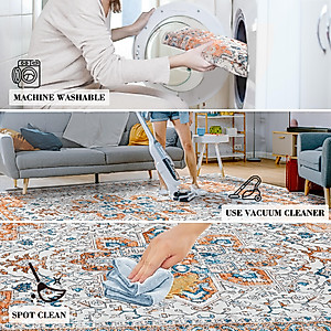 Mcadore 8x10 Washable Boho Area Rug - Non Slip, Indoor Large Carpet for Living Room, Bedroom, Kitchen - Tangerine/Multi Color, Easy to Clean, Durable and Stylish