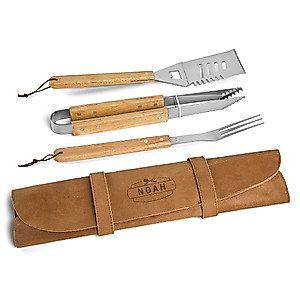 BBQ Tool Set in Buffalo Leather Cover with Name and/or Text - Personalized Leather Cover with Barbecue Tools, Engraved Cover with BBQ Set for Men and Women (Brown, Cognac)