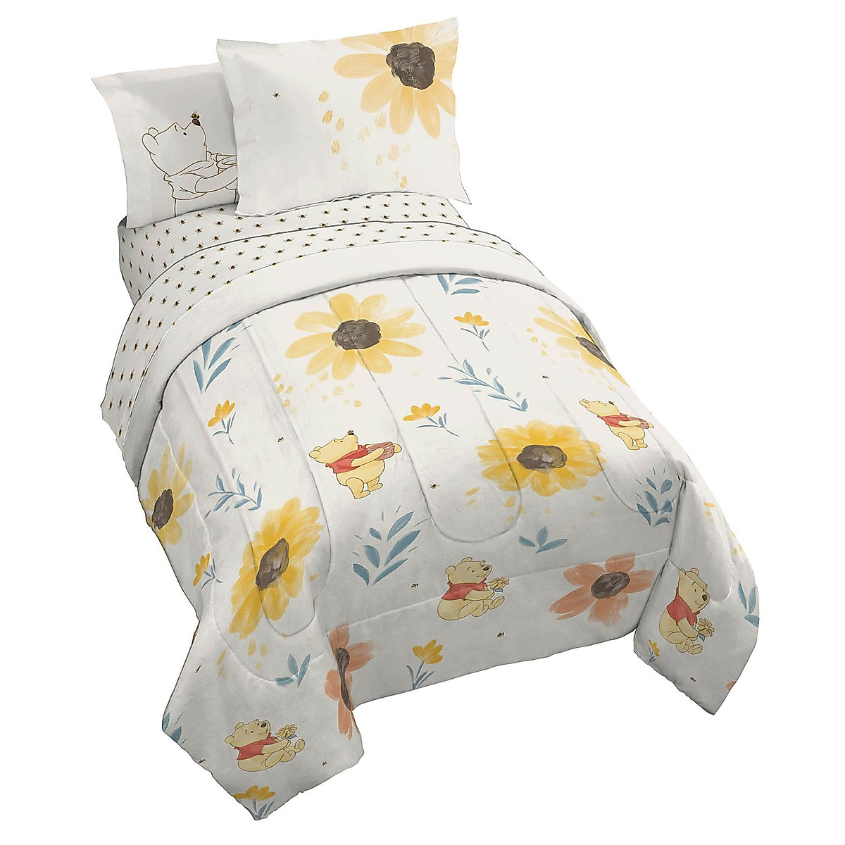 Jay Franco Disney Winnie The Pooh Twin Comforter Set - 5 Piece Bedding Includes Sheet Set & Pillow Covers - Super Soft Cozy Floral Bedding