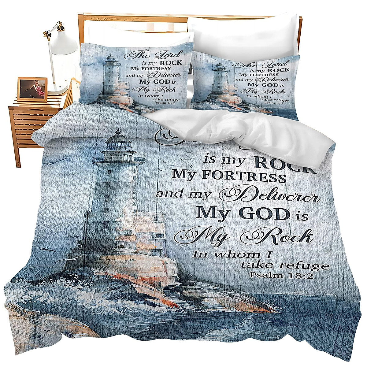 Christian Bedding Set Nautical Lighthouse Duvet Cover Twin Full Queen King Size Comforter Cover for Kids Adults Men Women Ocean Theme Quilt Cover Decorative Soft Bedding Set with 2 Pillowcases