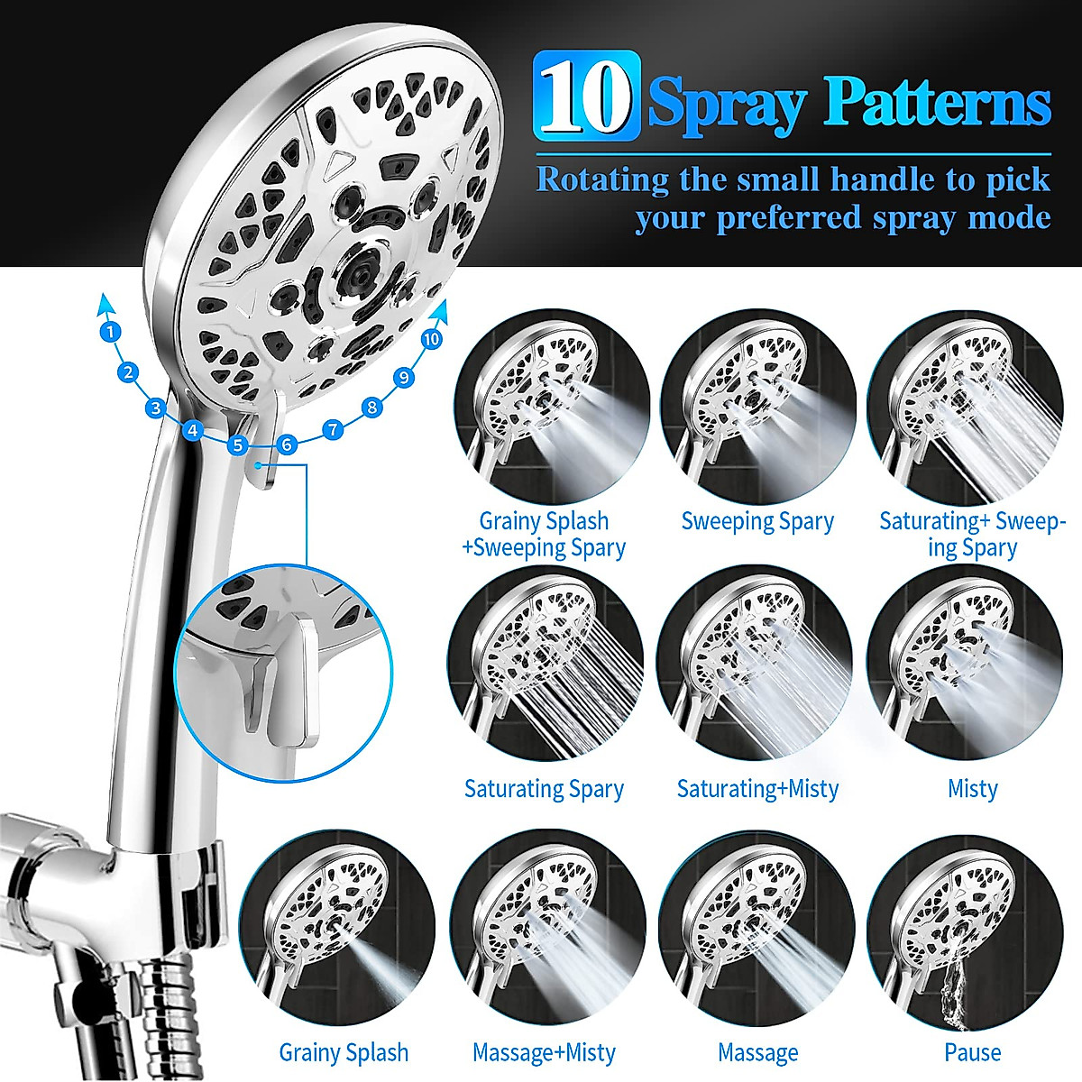 Shower Head, 8” High Pressure Rain/Rainfall Shower Head with Handheld Spray Combo 10 Settings Adjustable Anti-leak Dual Shower Head Kit with 60” Stainless Steel Hose, 11” Extension Shower Arm,Chrome