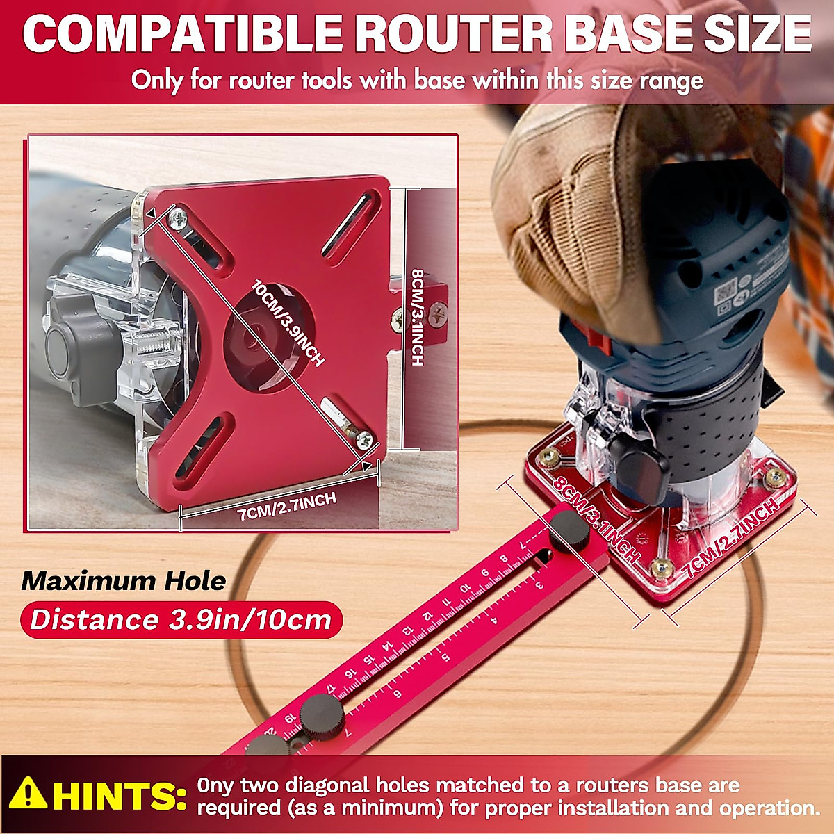 Sigerio 4 in 1 Router Milling Groove Bracket, Aluminum Alloy Router Circle Cutting Jig, Multifunctional Cabinet Hardware Jig and Router Guide, Adjustable Router Jig Tool for Woodworking (Rose Red)