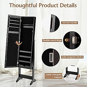 COSTWAY Jewelry Armoire Cabinet, Standing Jewelry Organizer with Full-length Mirror & 3 Adjustable Angles, Large Storage Capacity Jewelry Cabinet for Bedroom, Dressing Room (Black)