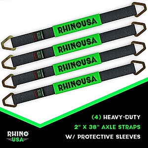 Rhino USA Axle Tie Down Straps - Lab Tested 11,128lb. Break Strength - Heavy Duty Protective Sleeves & D Rings to Ensure Peace of Mind - Used for Car Engine Hoist, Truck, Trailer, UTV (4-Pack Set)
