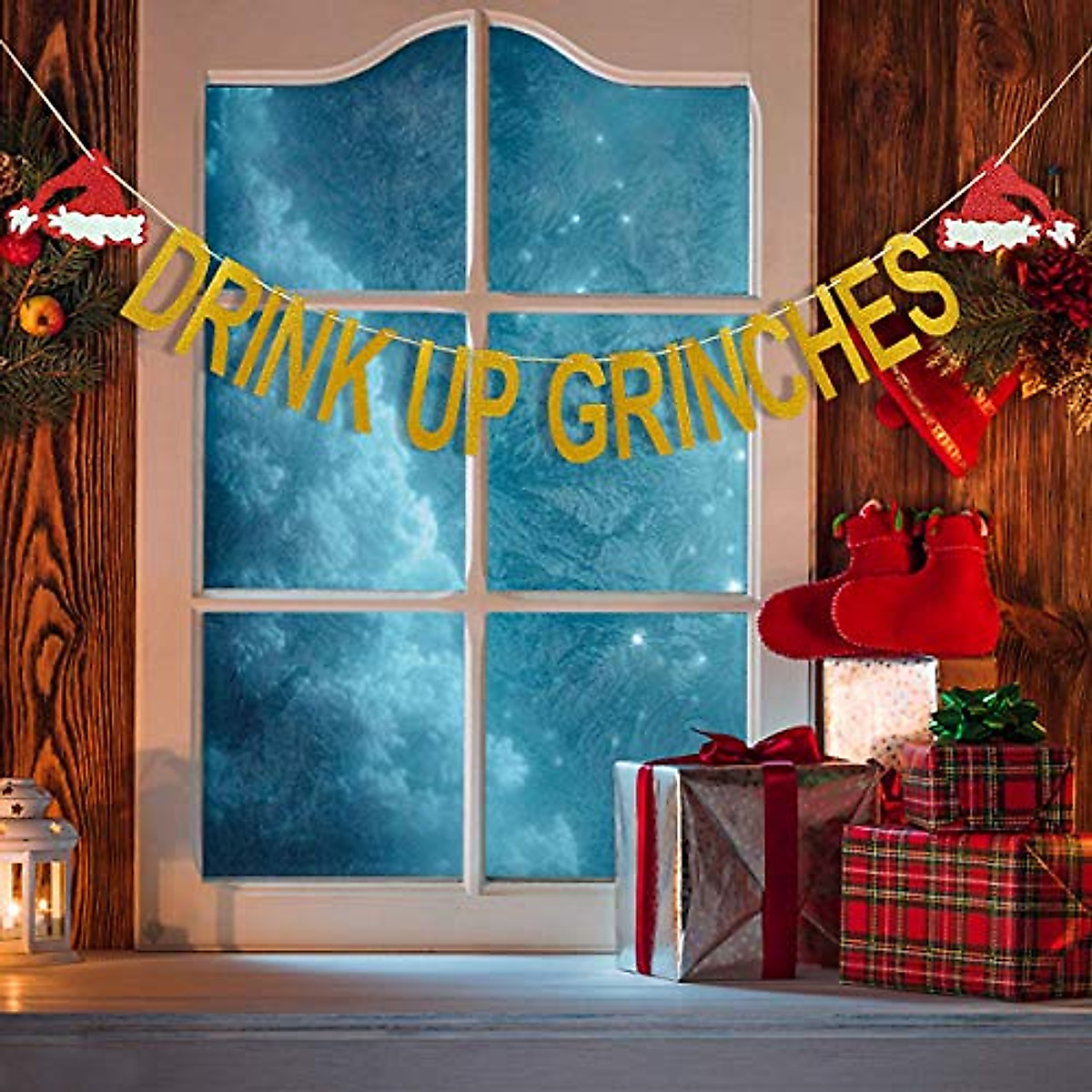 LeeSky Drink Up Grinches Banner Gold Glitter Grinch Christmas Decorations, The Grinch Party Decor, Merry Christmas Banner, Ugly Christmas Sweater Party Decor