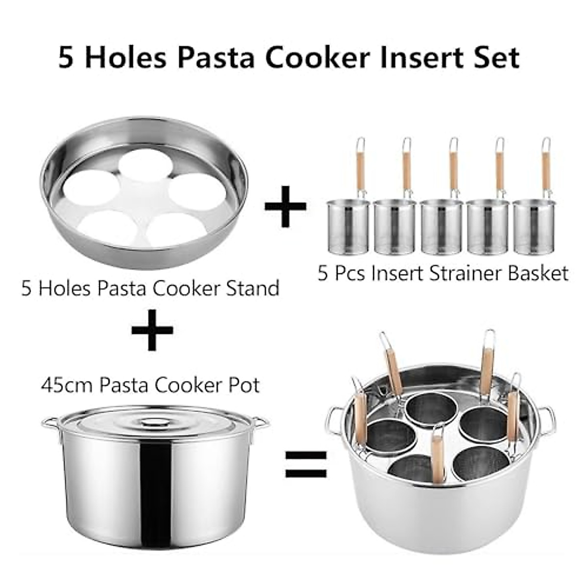 Commercial Pasta Cooker Insert Set, Kitchen Noodle Boiler Bucket, Stainless Stockpots with Divider and Colander Strainer, for Home Kitchen, Restaurant,4Holes(4Holes)