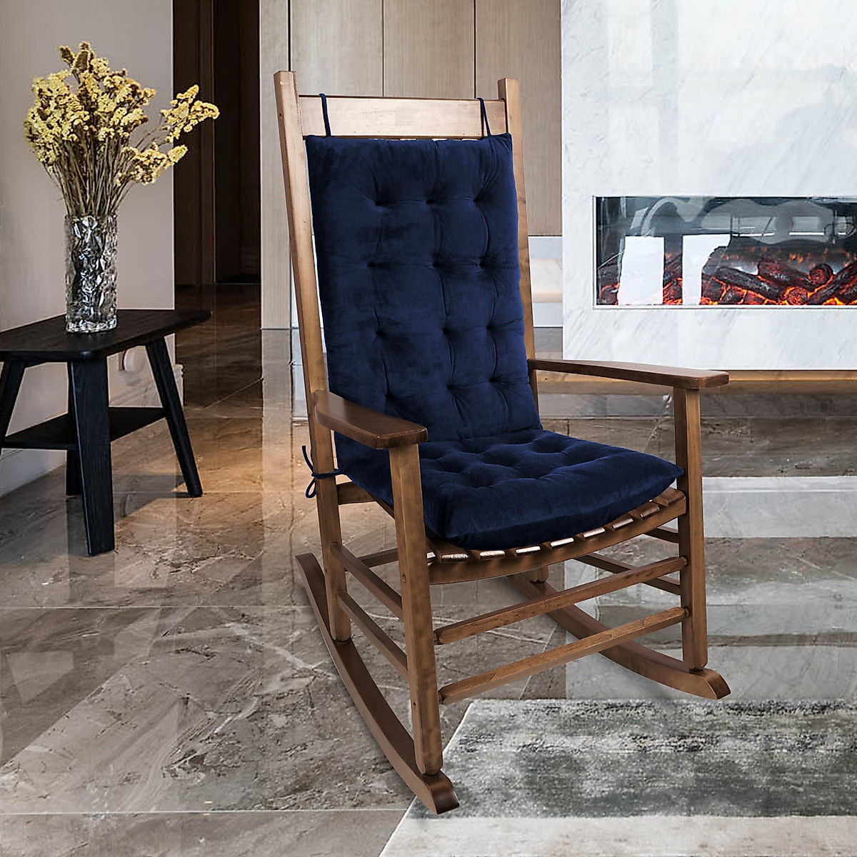 FlyGulls Rocking Chair Cushions Indoor Velvet Chair Pads High Back and Seat Cushion 2 Piece Set Navy