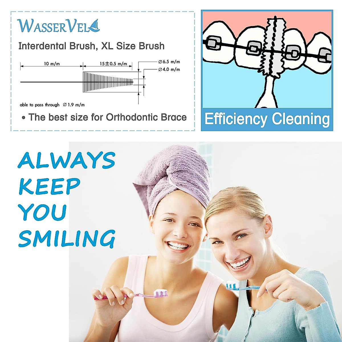 Wasser Vela 16pcs XL Size Orthodontic Interdental Brush, 4 Handle Colors, Clean Between Teeth and Braces, Flexible Handle and Durable Wire, Easy to Use and No Break (Started Pack)