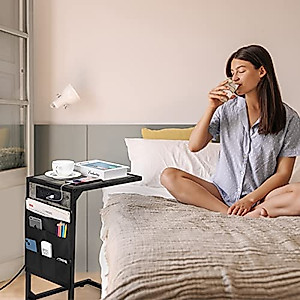 Set of 2 C Shaped End Table with Charging Station, Snack Side Table, C Tables for Couch, Couch Tables That Slide Under, for Living Room, Bedroom, Gray